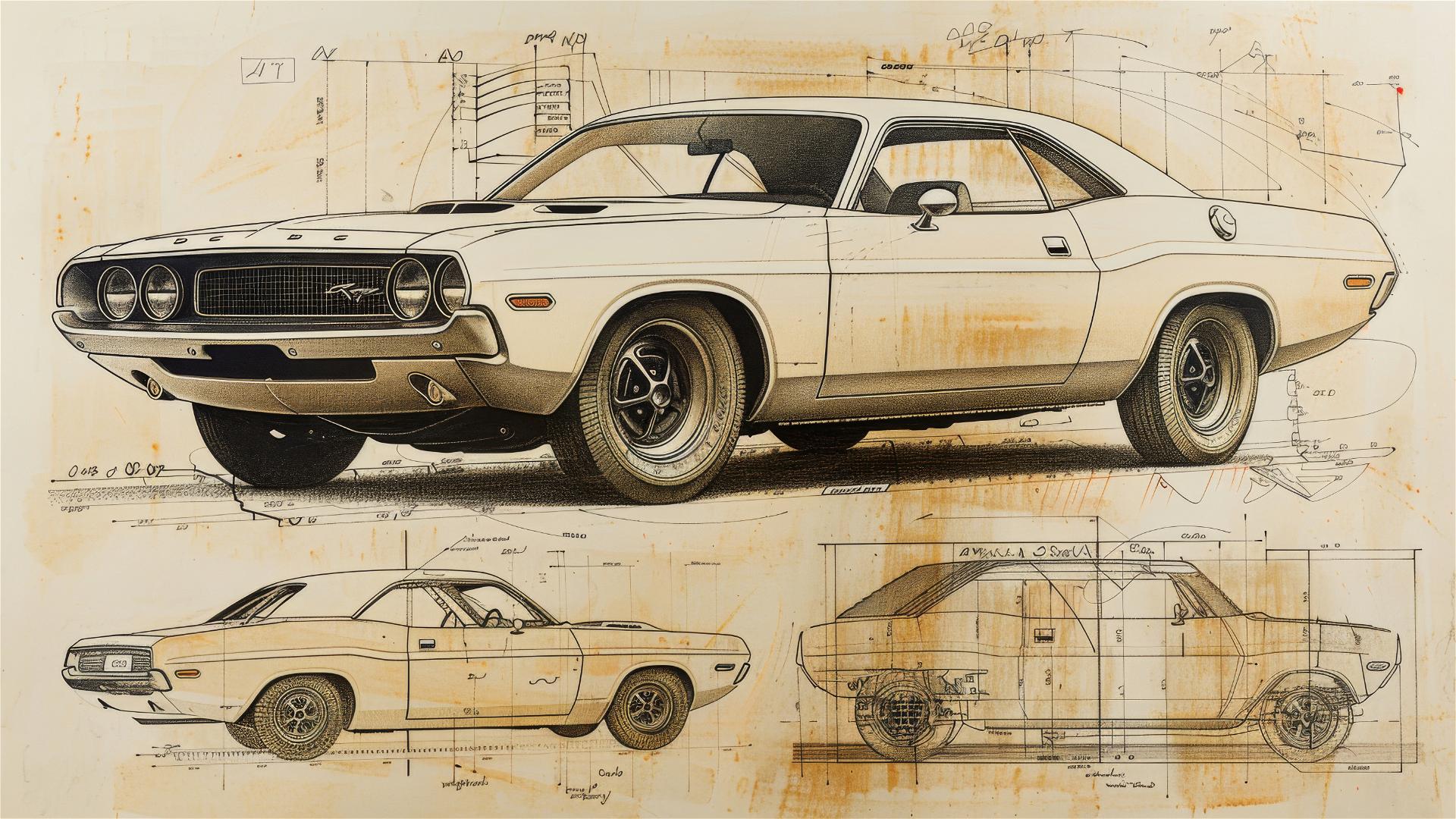 4k HD Wallpaper: Dodge Challenger Blueprint and Sketch