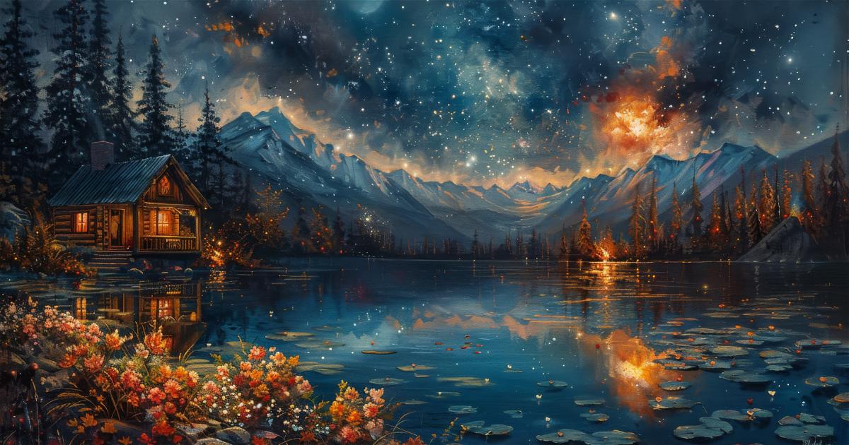 4k HD Wallpaper: Starlit Serenity: Cabin by a Floral Lake