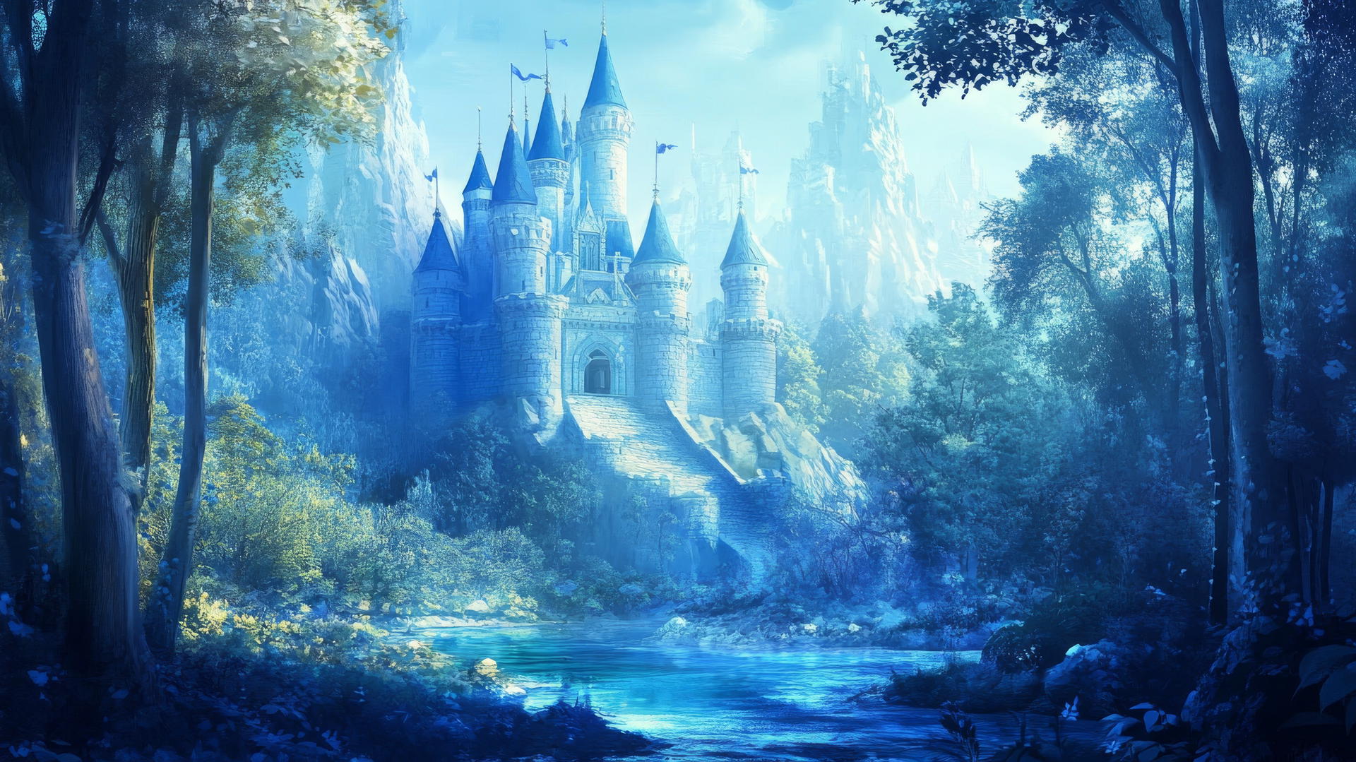 4k HD Wallpaper: Blue Wallpaper for Kids with Fairy Tale Castle