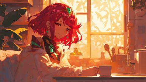 4k HD Wallpaper: Pyra in Silk Pajamas Enjoying Sunrise Coffee