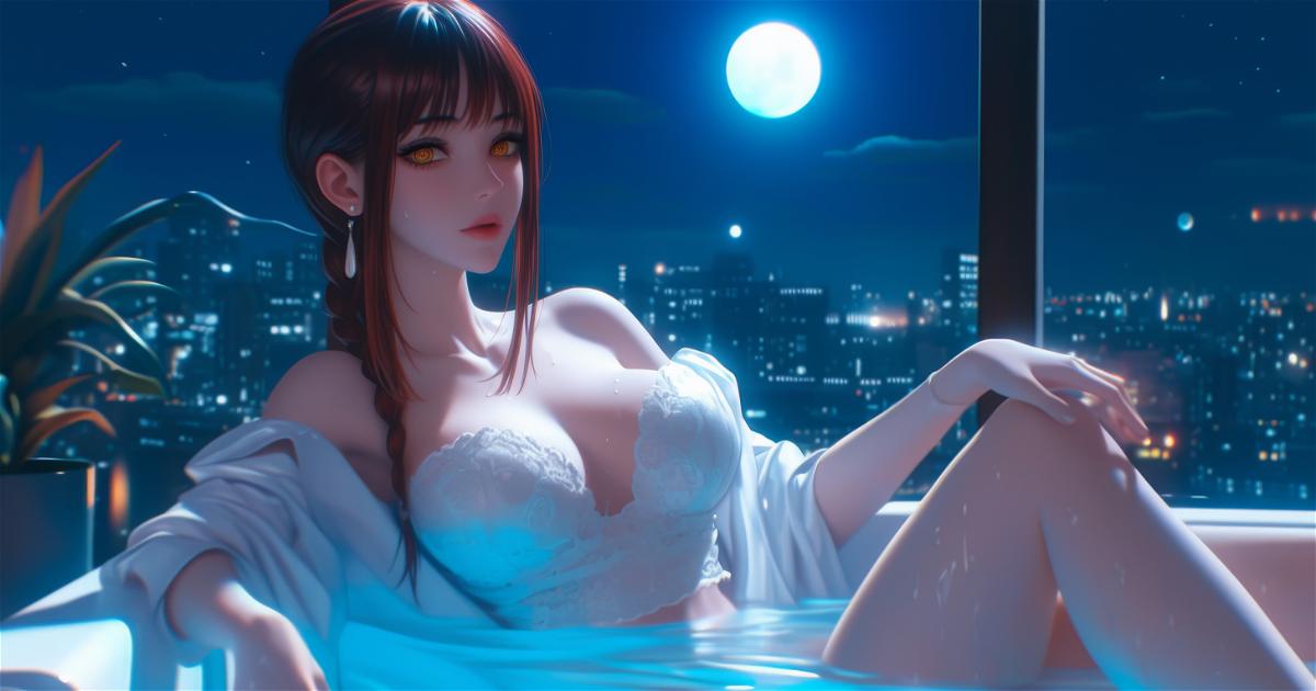4k HD Wallpaper: Makima in Tub under Moonlight