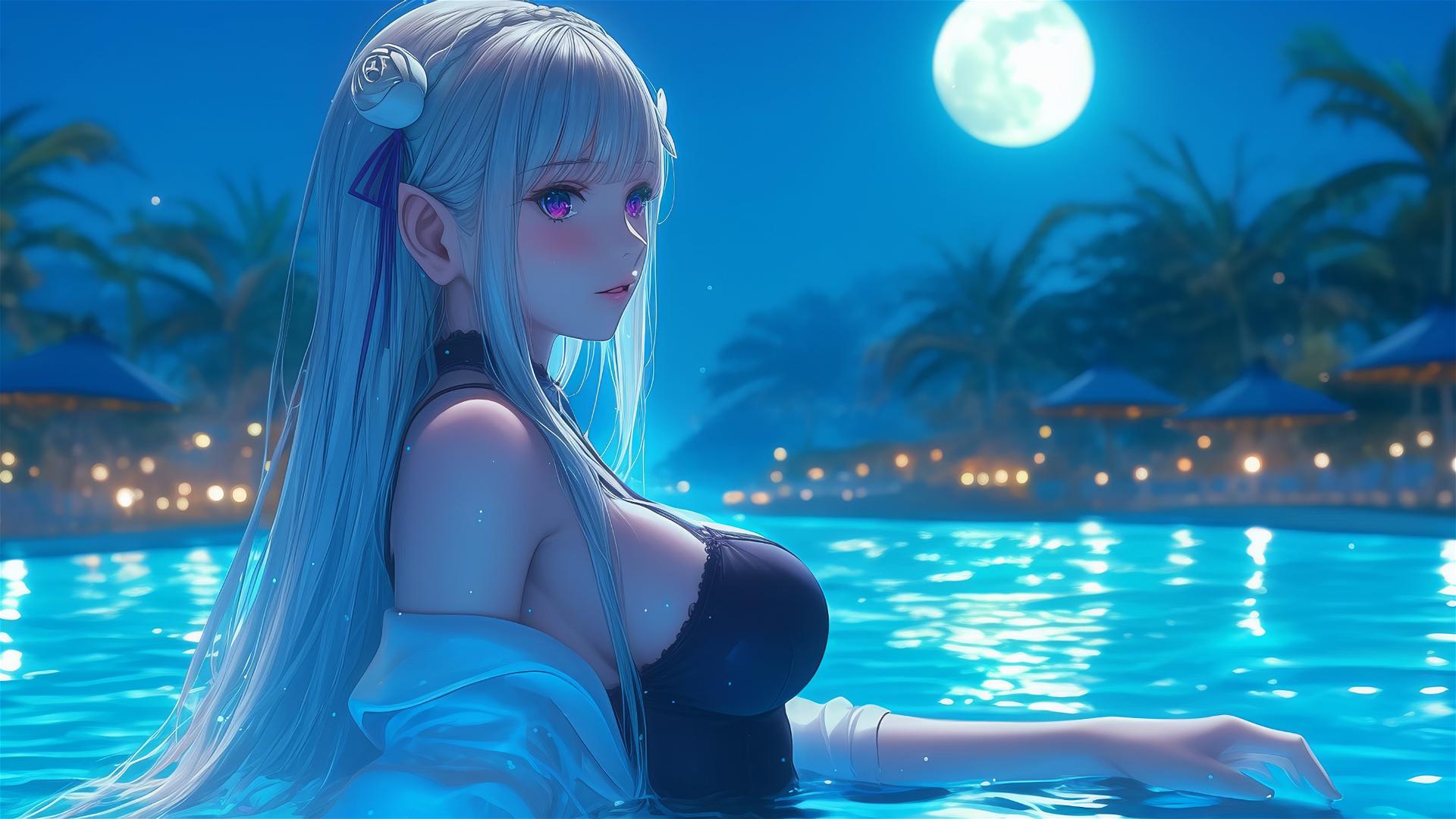 4k HD Wallpaper: Emilia Resting by Pool in Moonlight