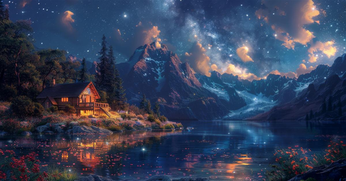 4k HD Wallpaper: Starry Night Cabin Retreat by the Floral Lake