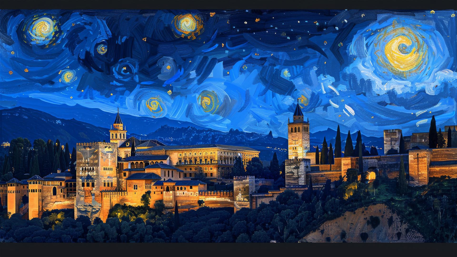 4k HD Wallpaper: Alhambra Nocturne with Van Gogh Sky
