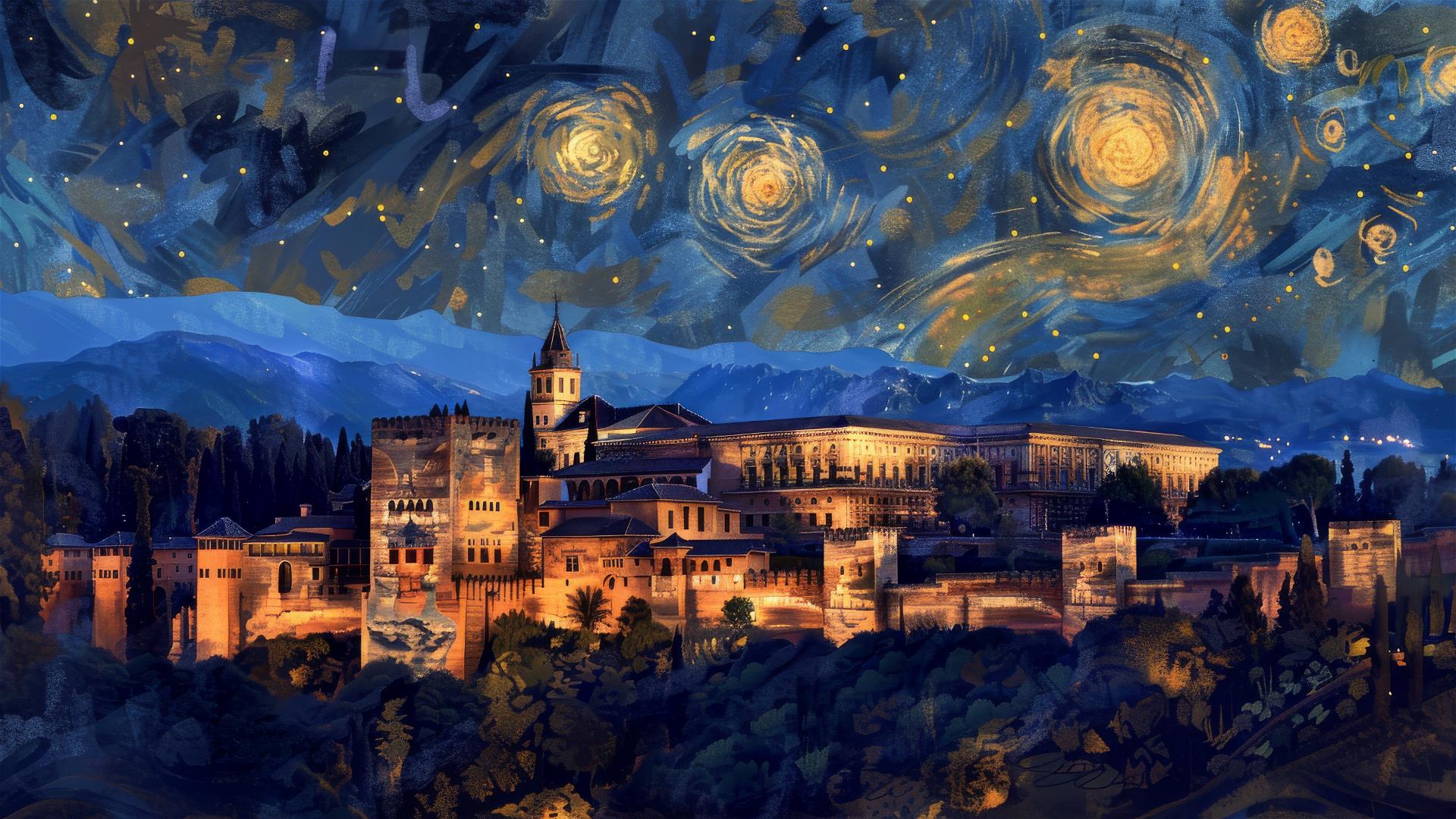 4k HD Wallpaper: Alhambra Nocturne with Van Gogh Sky