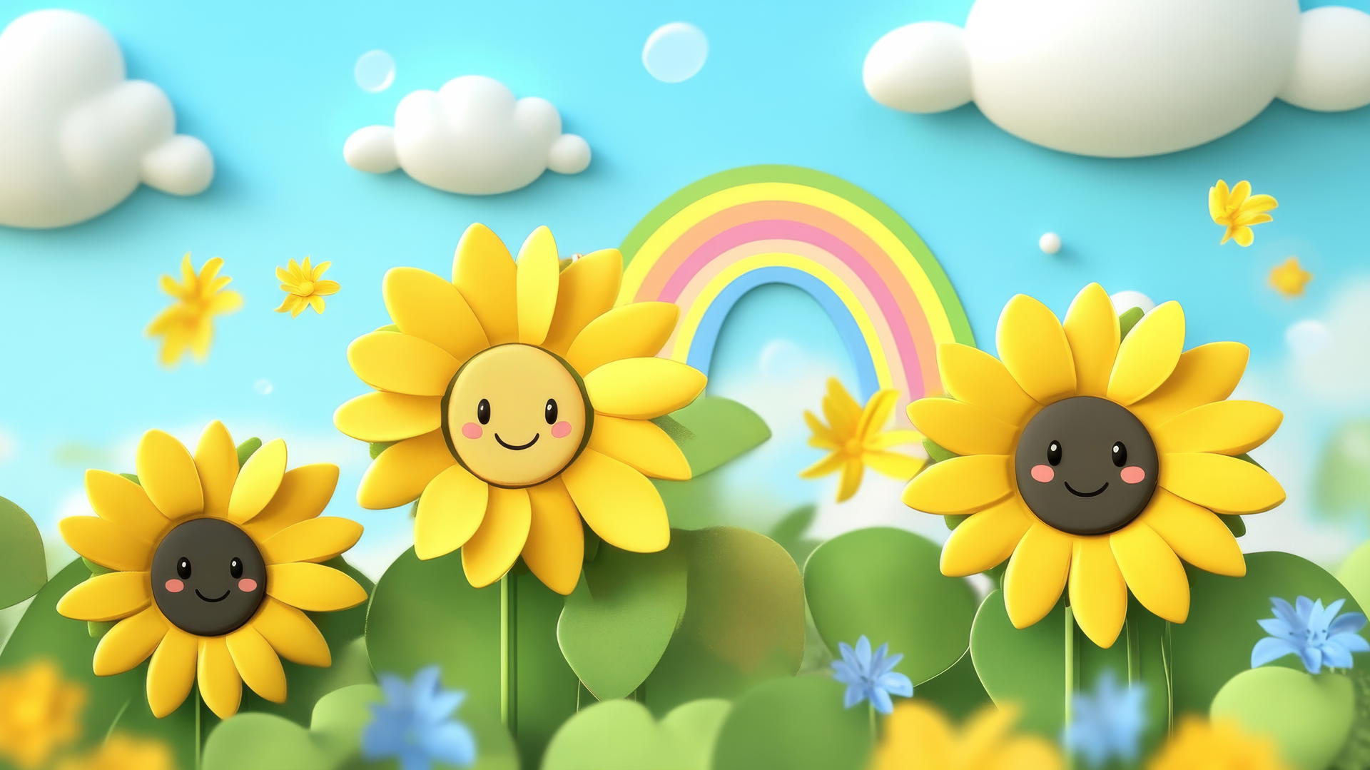 4k HD Wallpaper: Cute Spring Wallpaper with Sunflowers and Rainbows