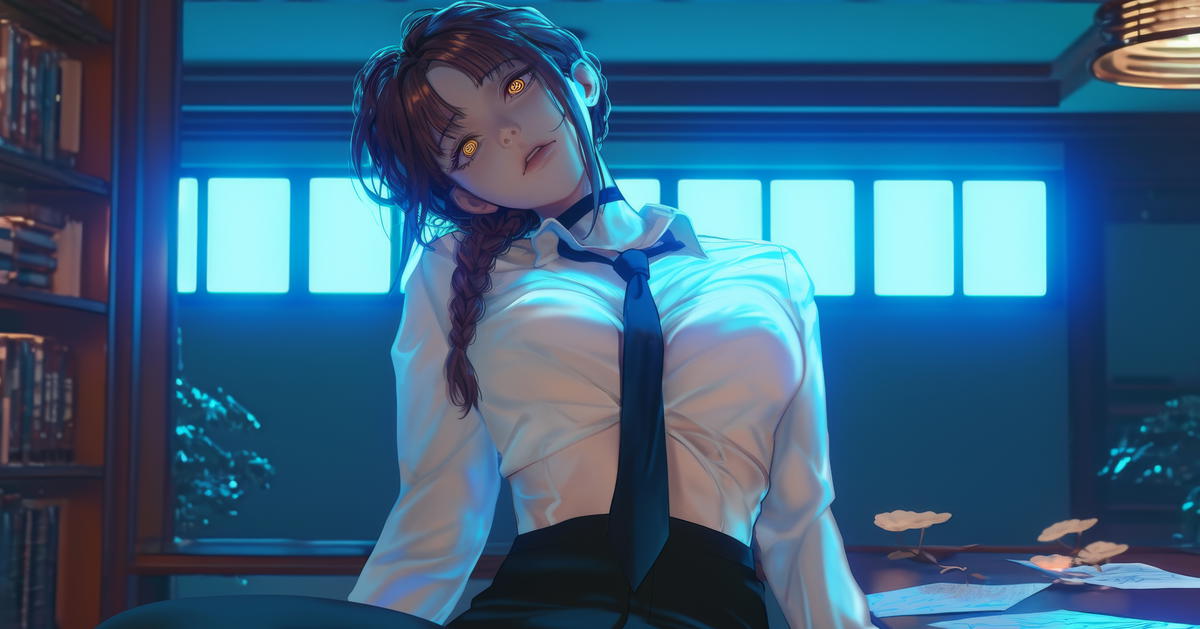 4k HD Wallpaper: Makima Kneeling in Neon-lit Hotel Room