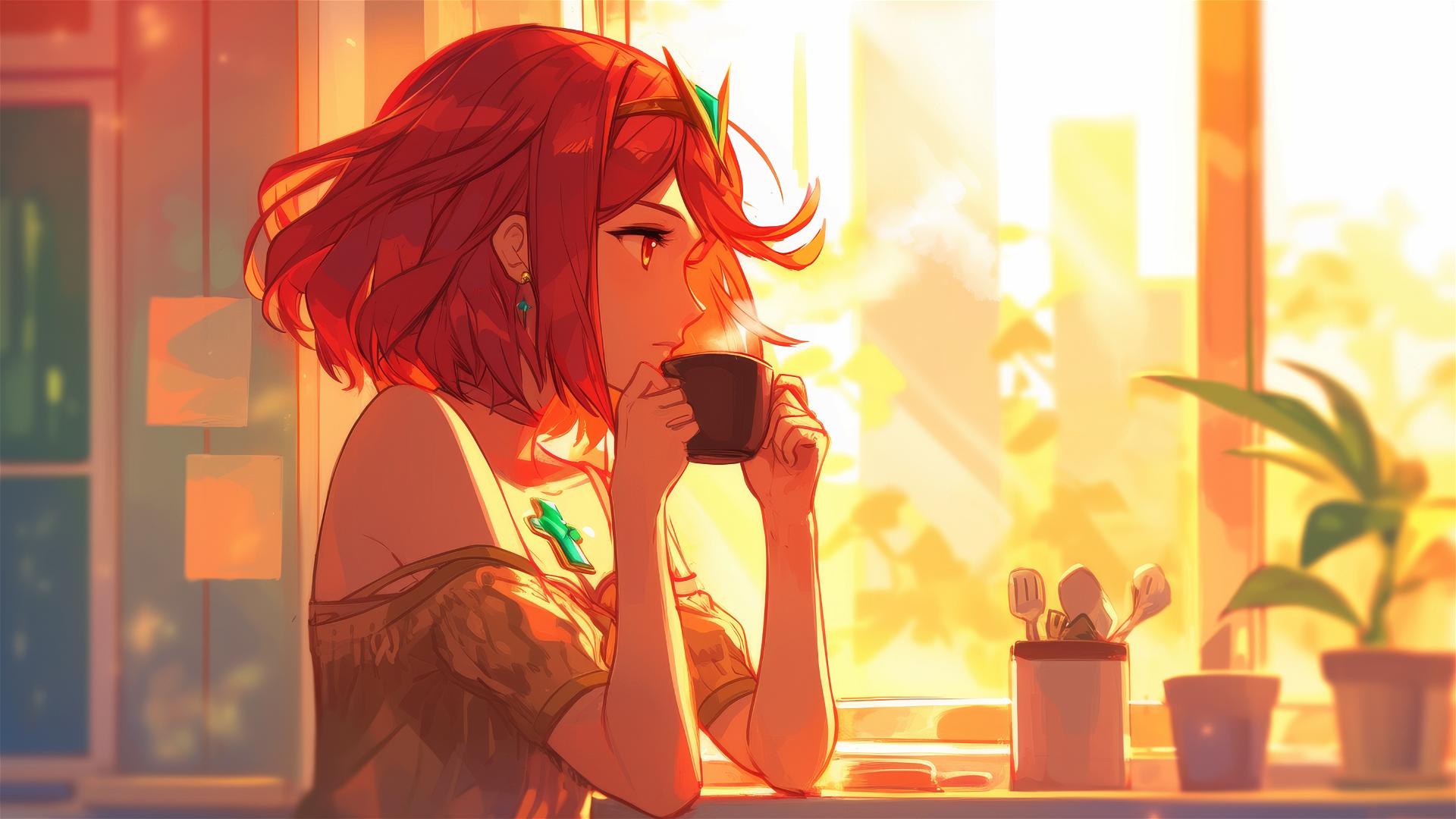 4k HD Wallpaper: Pyra in Silk Pajamas Enjoying Sunrise Coffee