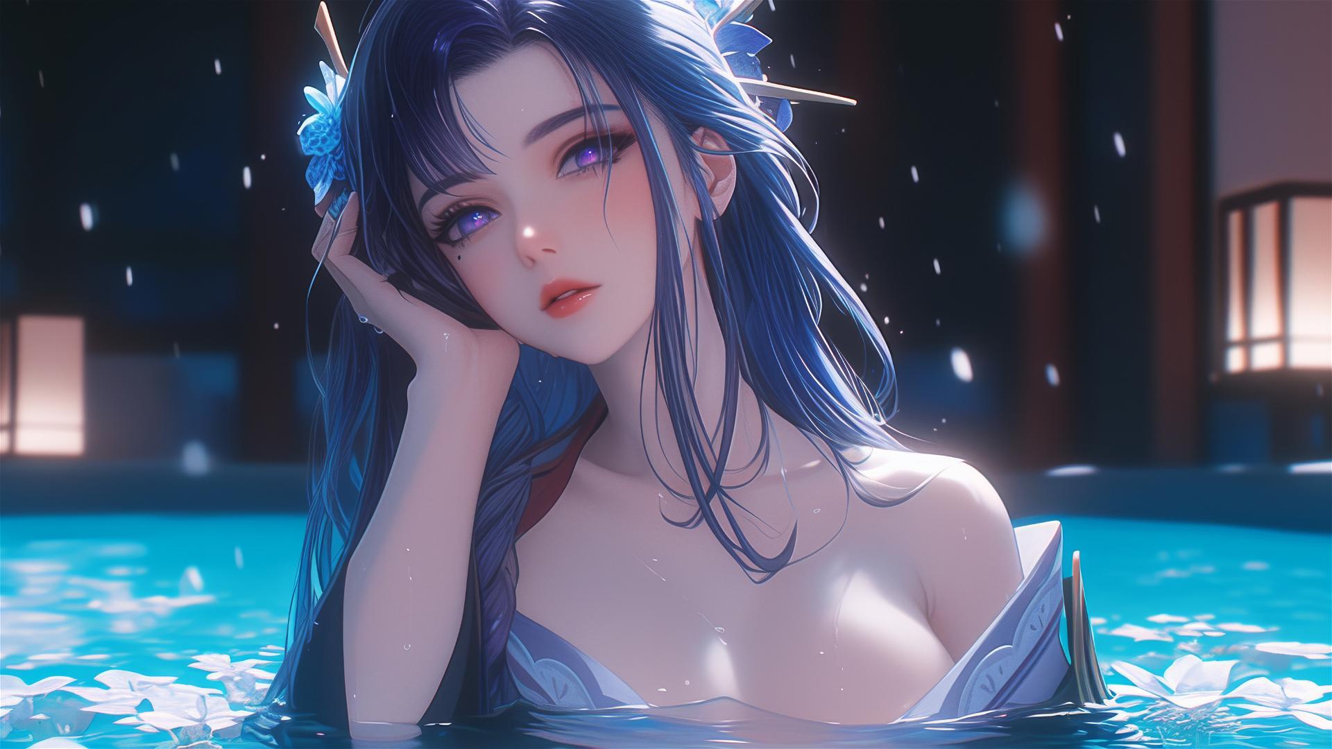 4k HD Wallpaper: Raiden Shogun in Floral Spa Tub