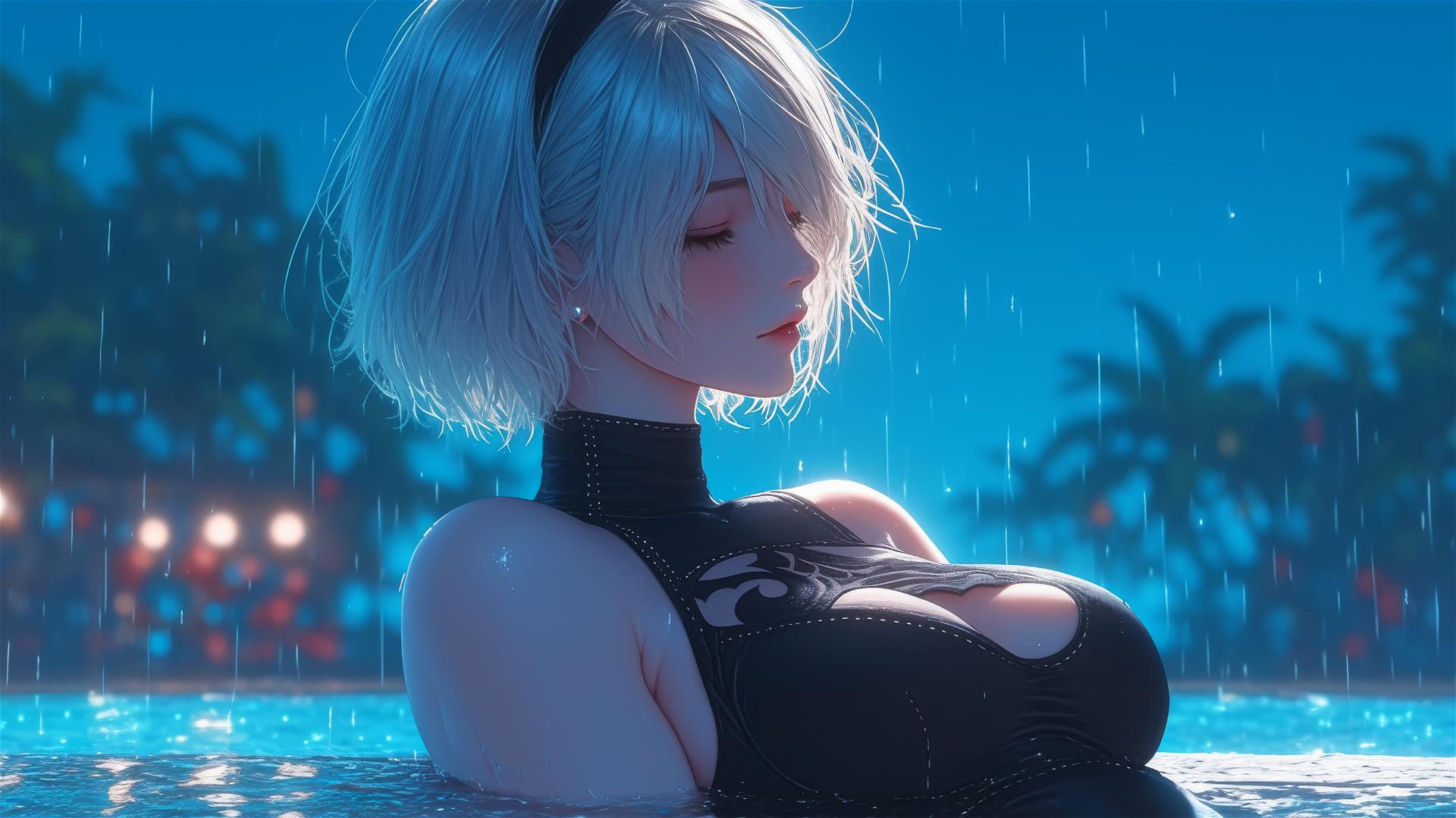 4k HD Wallpaper: 2B from Nier by Rainy Pool at Night