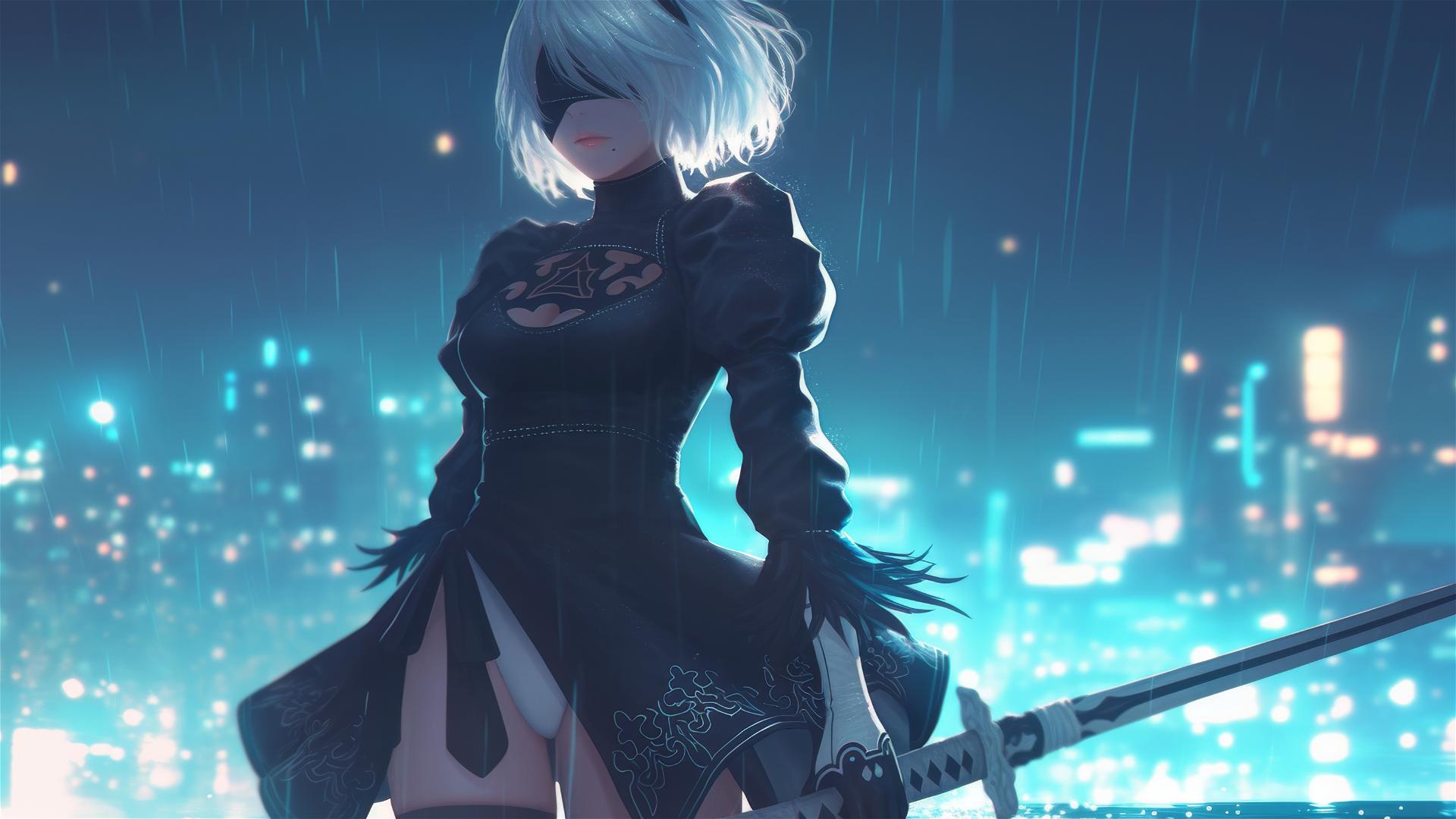 4k HD Wallpaper: Moonlit Poolside with 2B from Nier