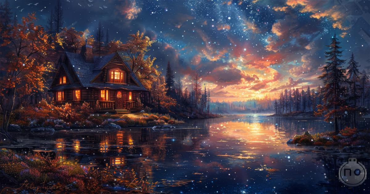4K HD Обои: Звёздная ночь над озёрной хижиной: произведение ...