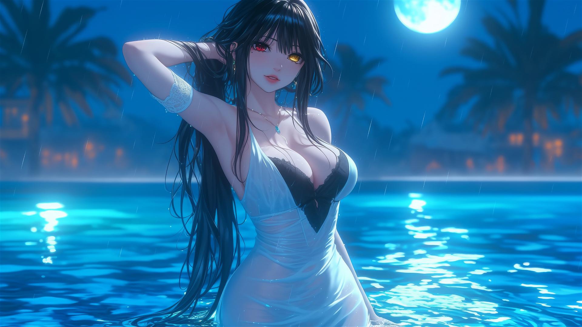 4k HD Wallpaper: Kurumi Tokisaki in Moonlit Rainy Pool