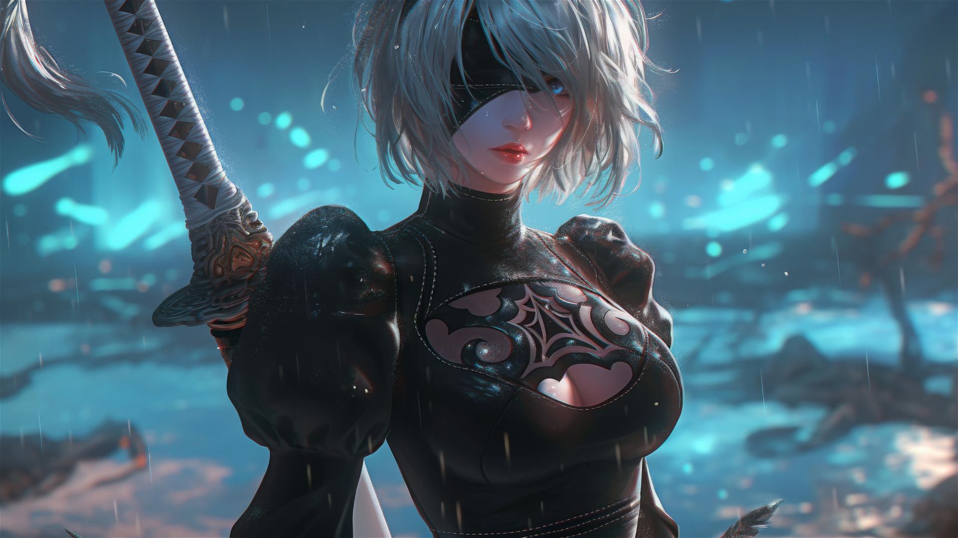 4k HD Wallpaper: Moonlit Poolside with 2B from Nier
