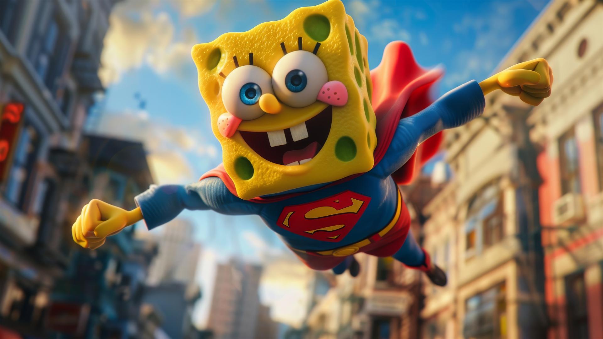 Papel de Parede 4K HD: Bob Esponja como Superman Voando Sobre a Cidade