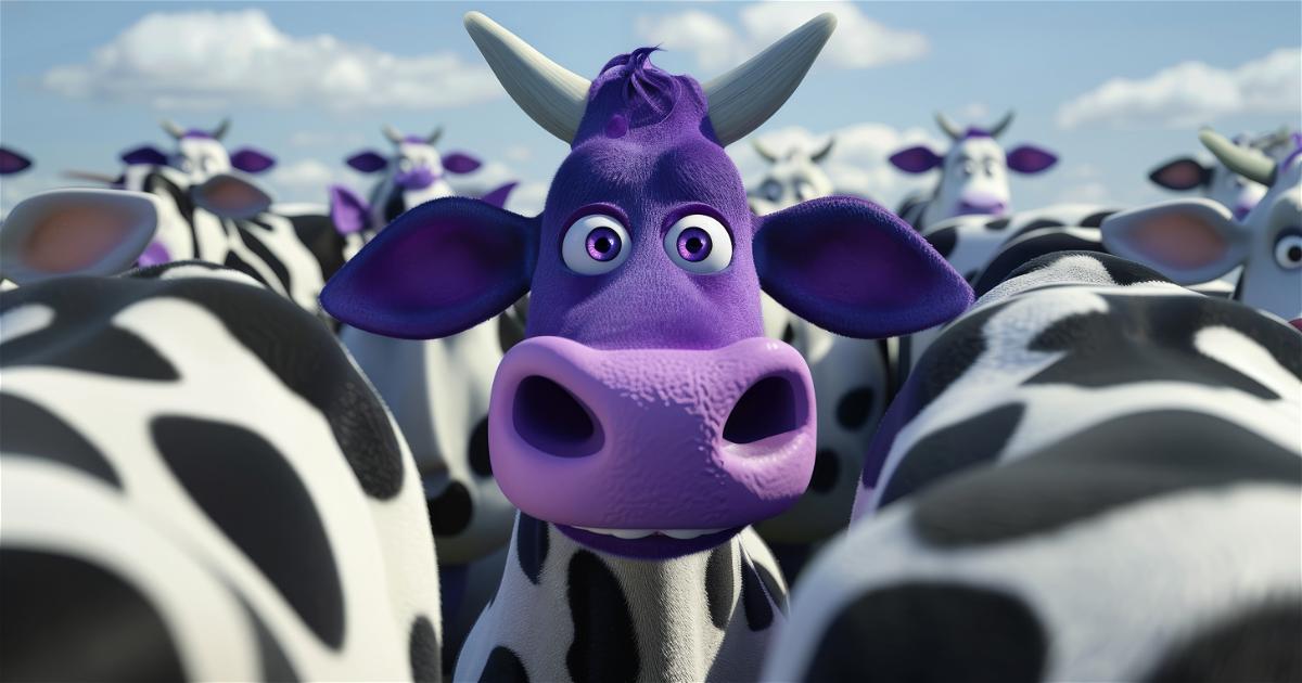 4k HD Wallpaper: Purple Pixar Cow in a Cartoon Herd