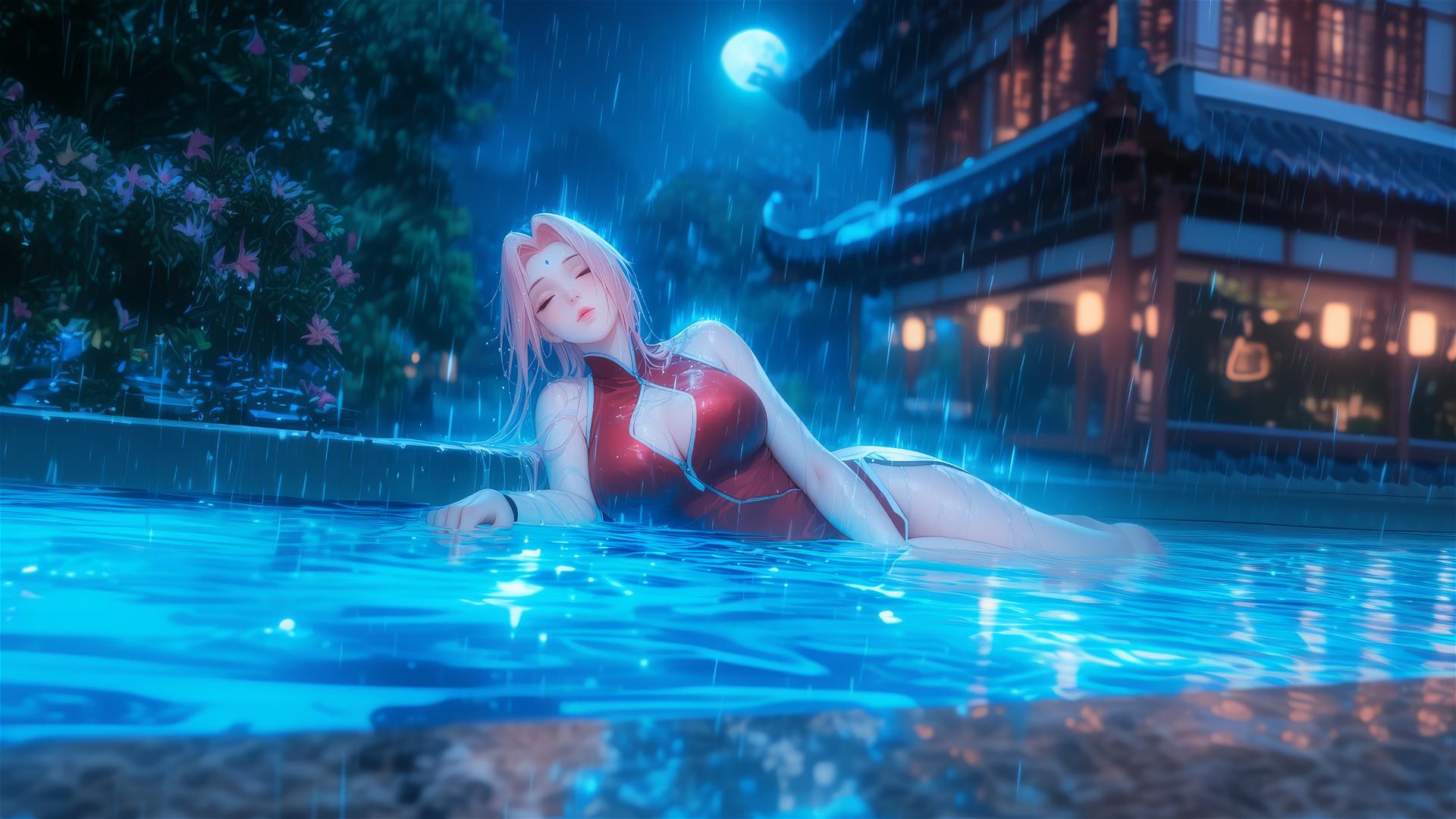4k HD Wallpaper: Sakura Rests by Moonlit Rainy Pool