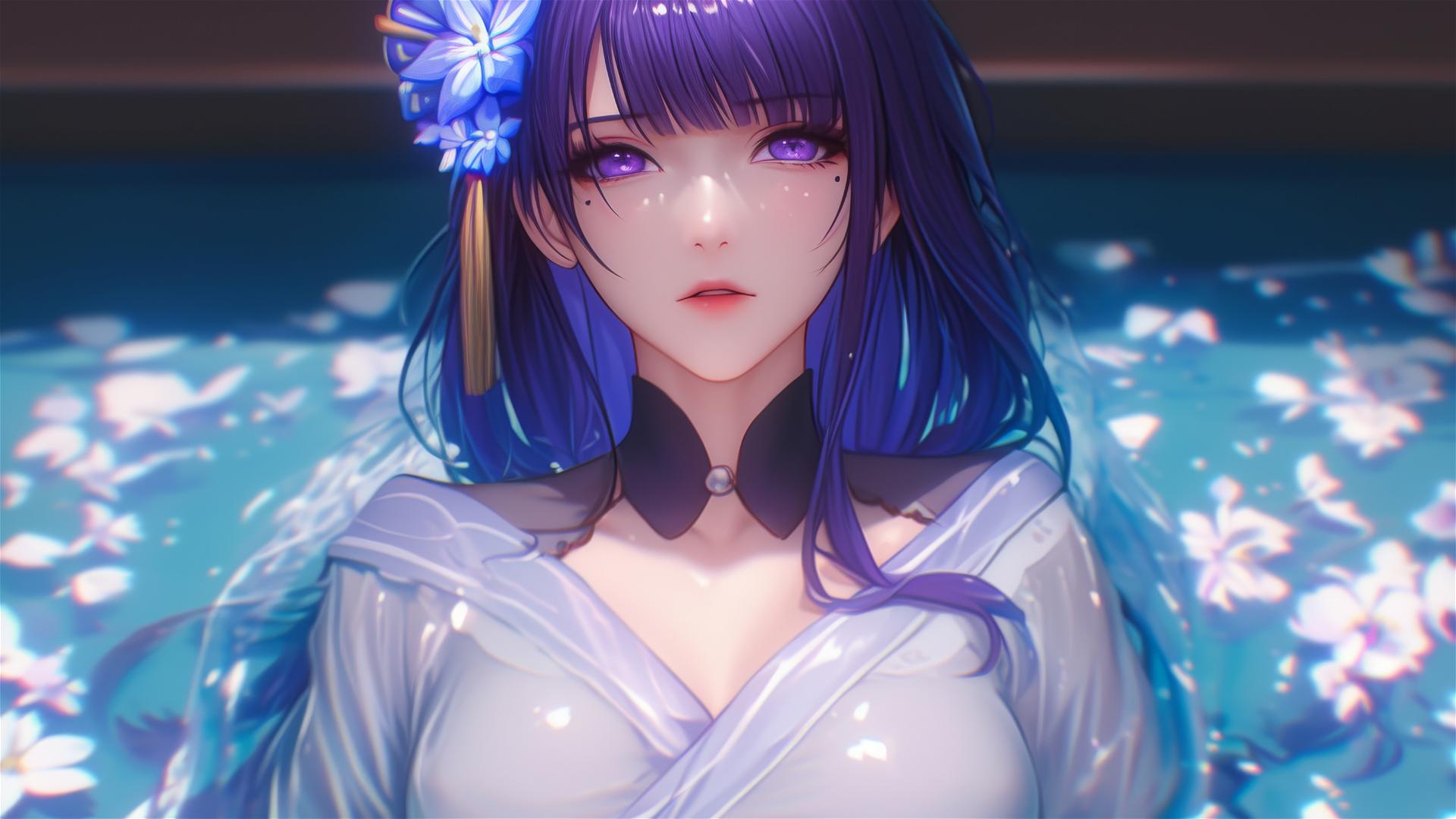 4k HD Wallpaper: Raiden Shogun in Floral Tub at Chinese Spa