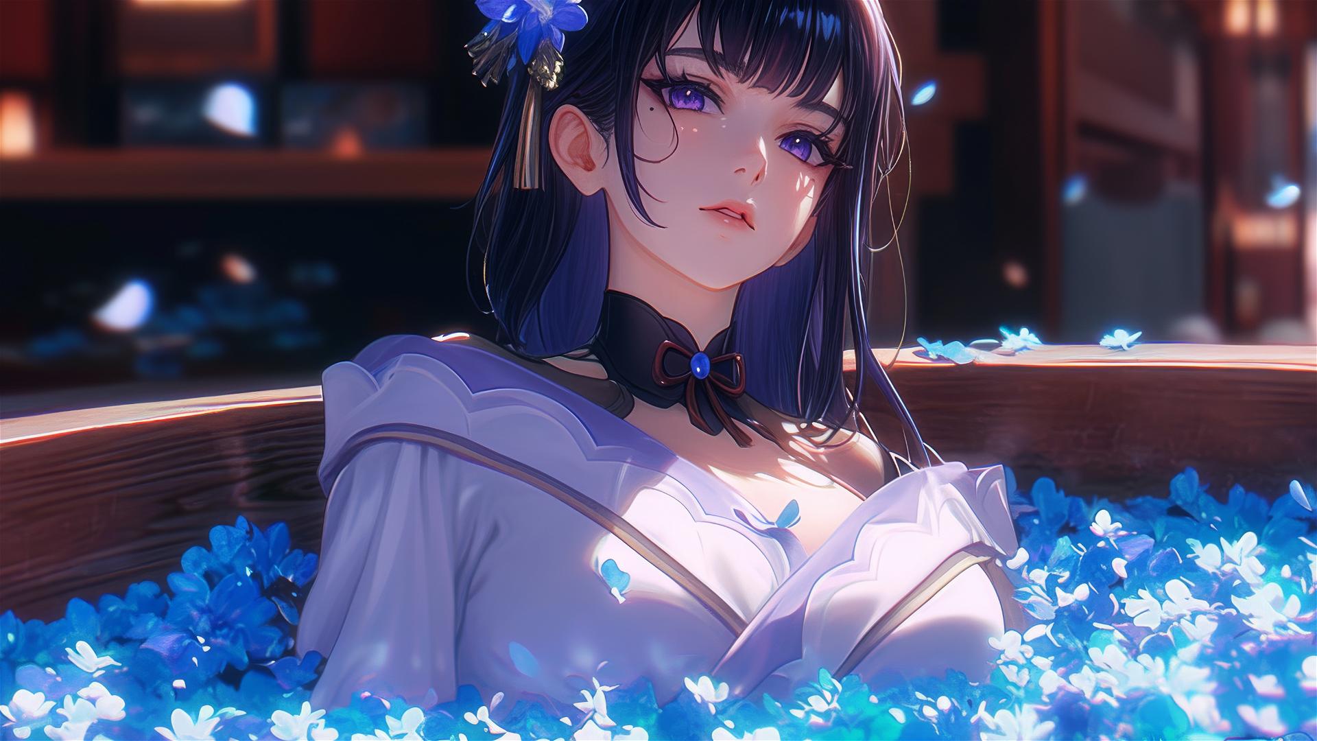 4k HD Wallpaper: Raiden Shogun in Floral Spa Tub