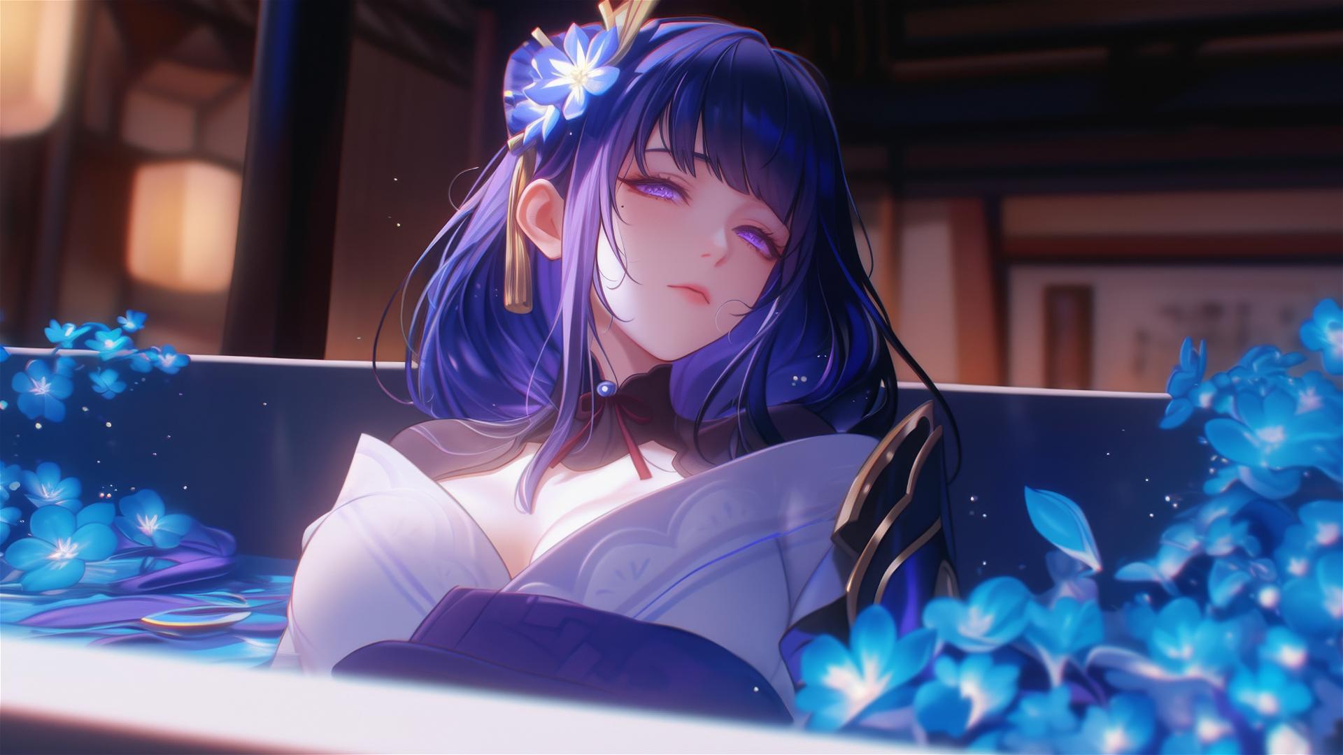 4k HD Wallpaper: Raiden Shogun in Floral Spa Tub