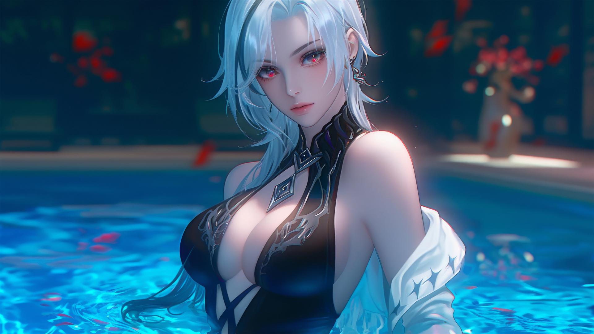 4k HD Wallpaper: Arlecchino from Genshin Impact by Moonlit Pool