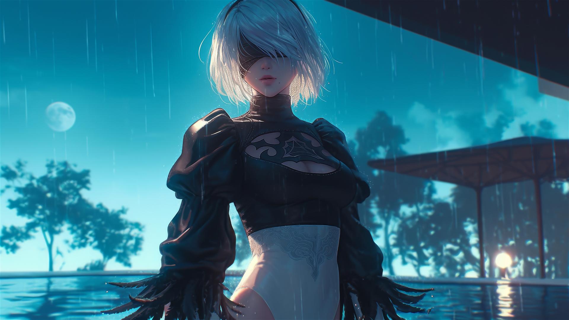 4k HD Wallpaper: Moonlit Poolside with 2B from Nier