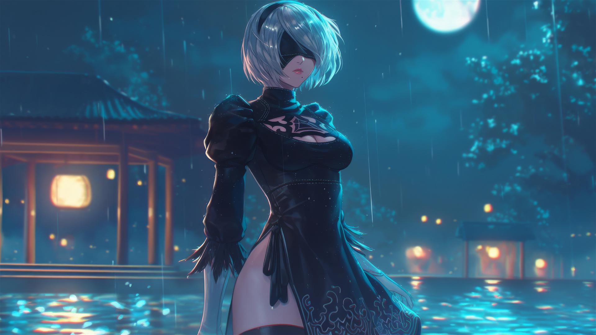4k HD Wallpaper: 2B by Rainy Pool in Moonlight