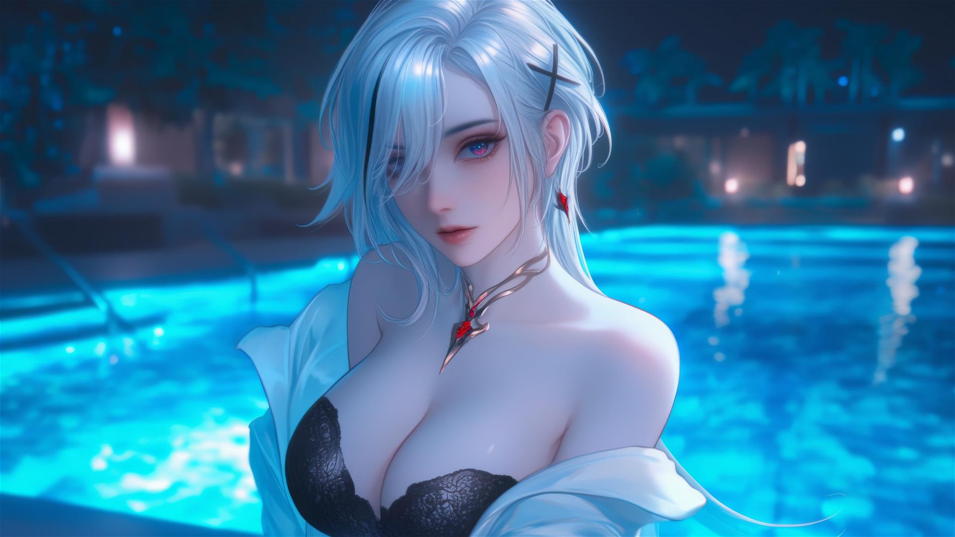 4k HD Wallpaper: Arlecchino from Genshin Impact by Moonlit Pool