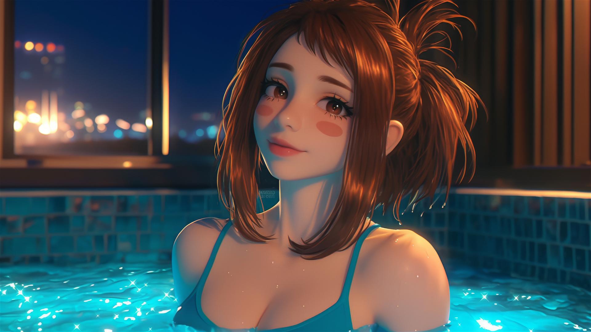 4k HD Wallpaper: Ochaco Uraraka in Tub with Warm Light