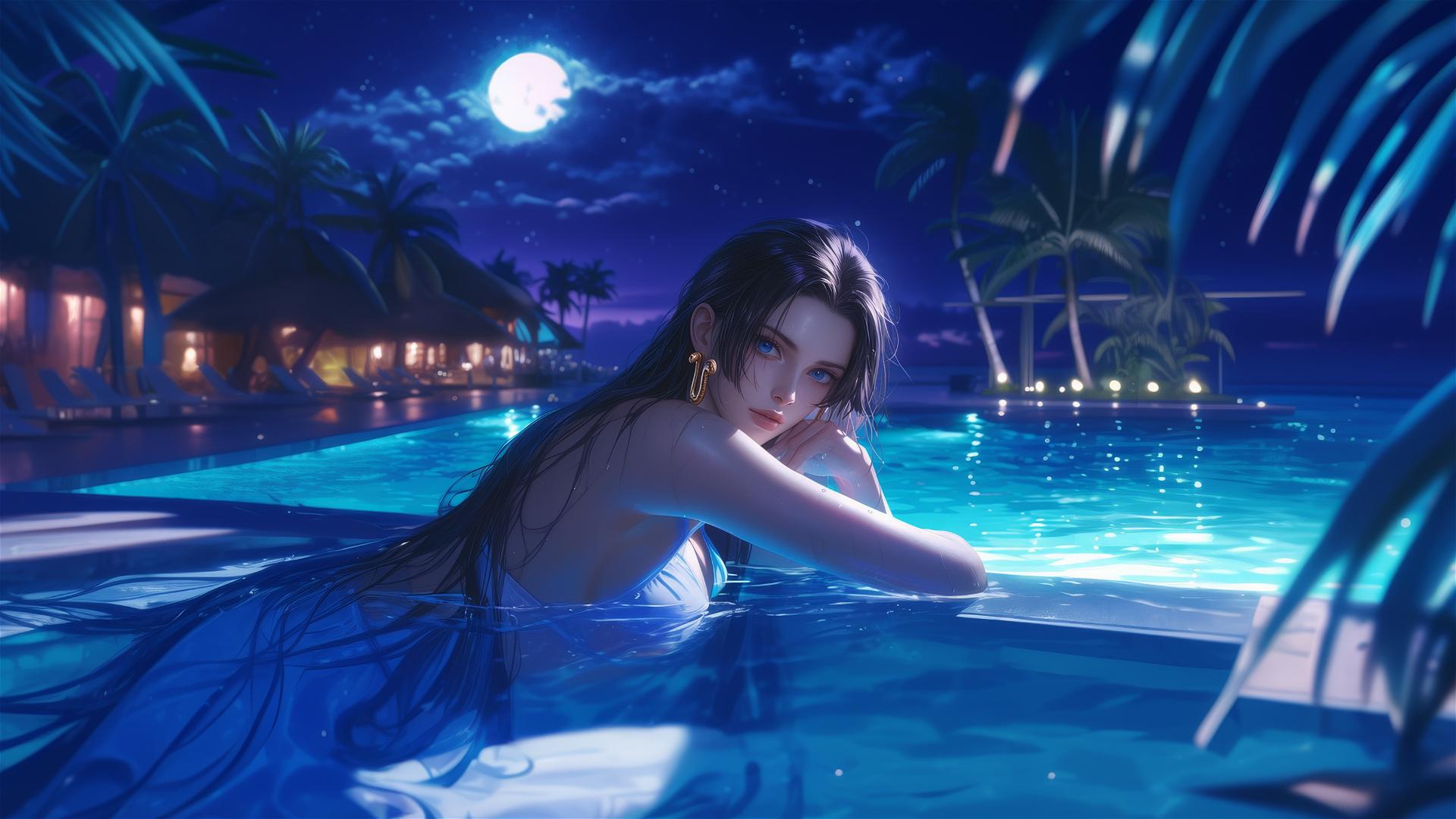 4k HD Wallpaper: Boa Hancock Resting by Pool in Moonlight