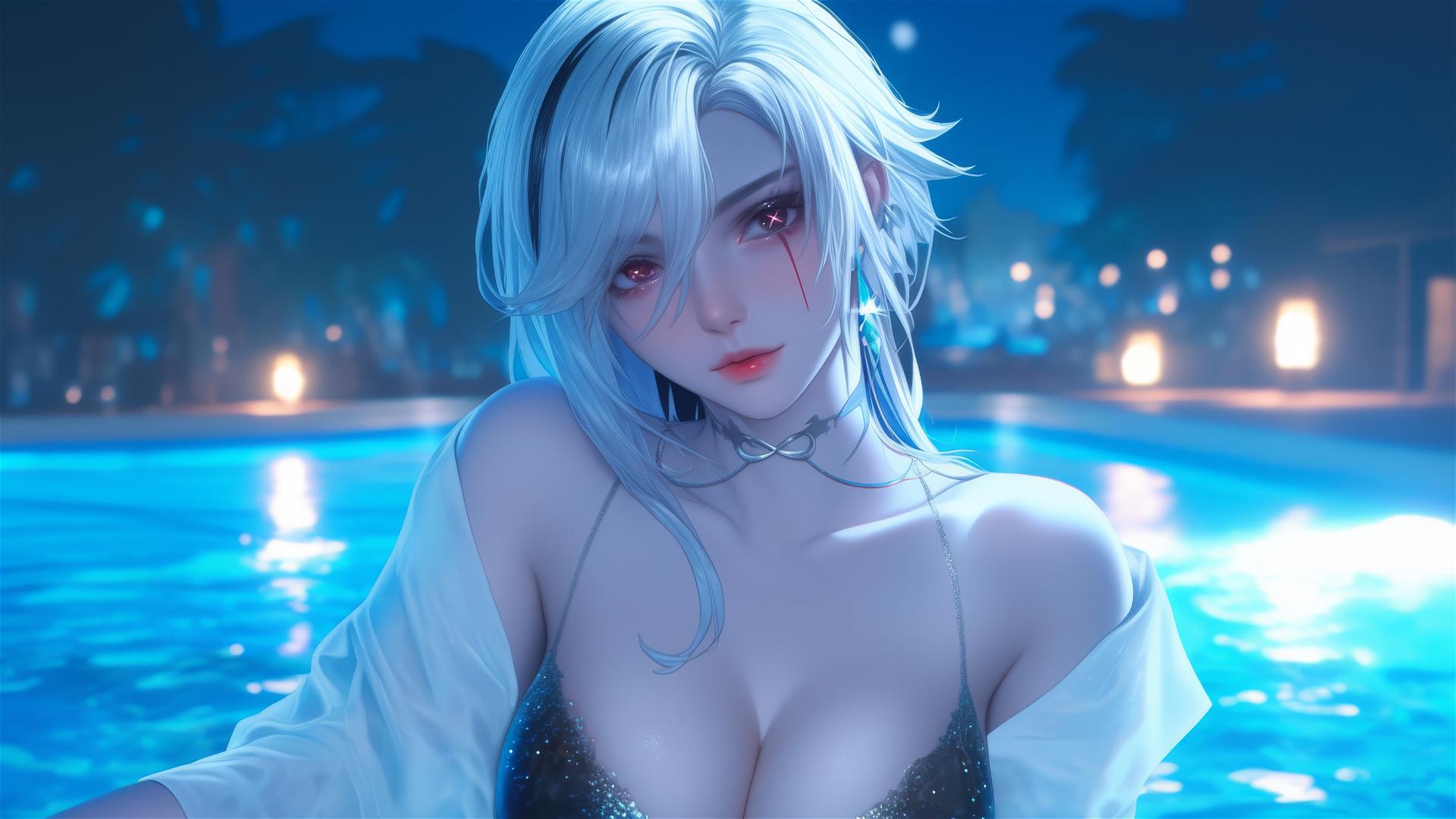 4k HD Wallpaper: Arlecchino from Genshin Impact by Moonlit Pool