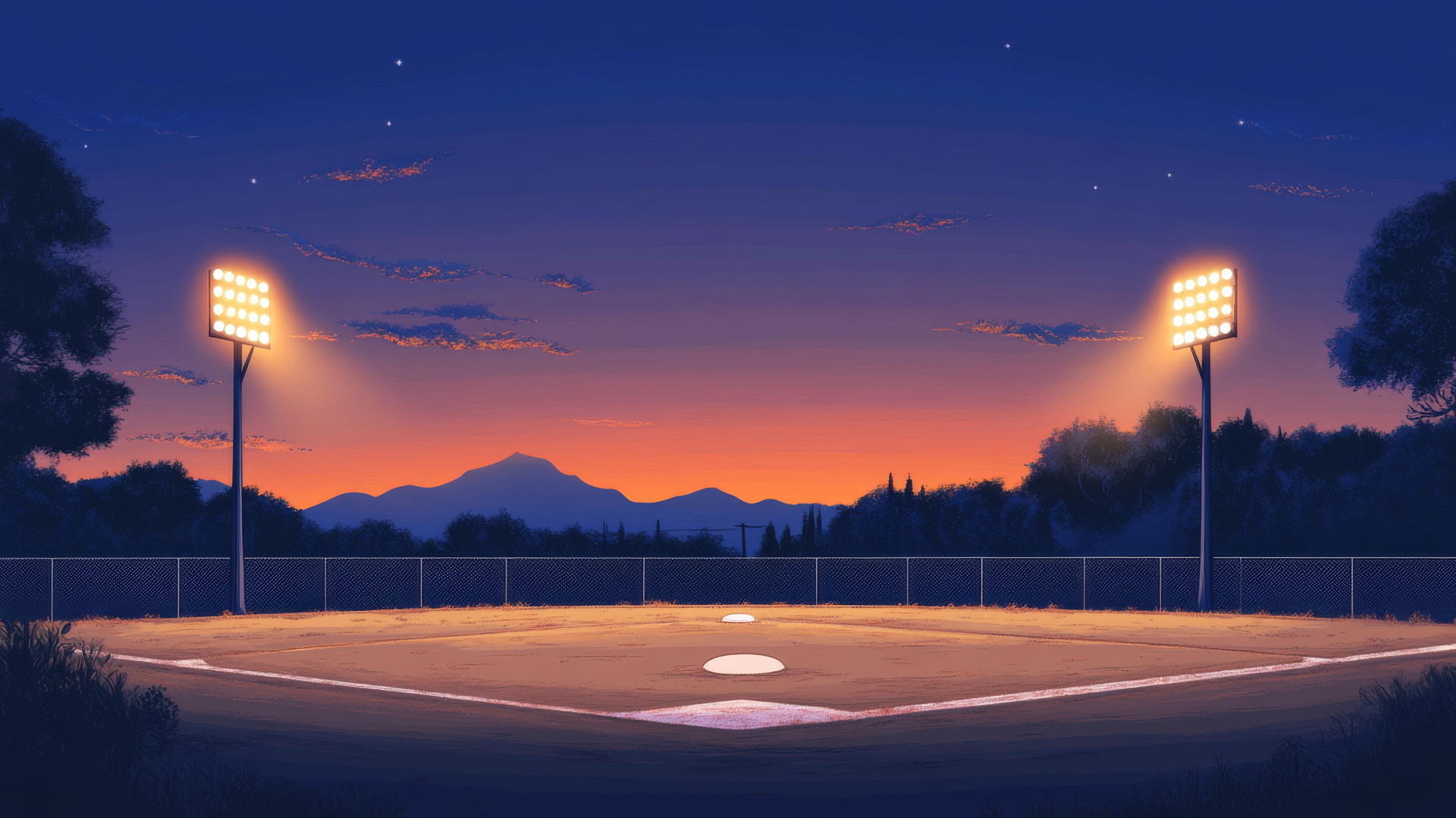 4k HD Wallpaper: Baseball Field at Dusk with Glowing Floodlights