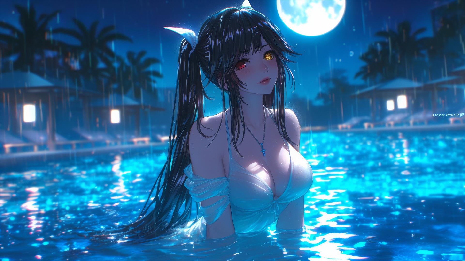 4k HD Wallpaper: Kurumi Tokisaki in Moonlit Rainy Pool