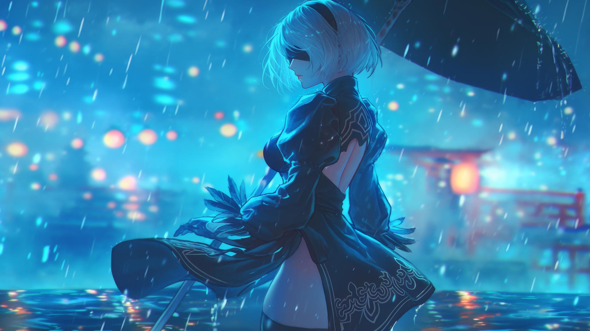 4k HD Wallpaper: 2B by Rainy Pool in Moonlight