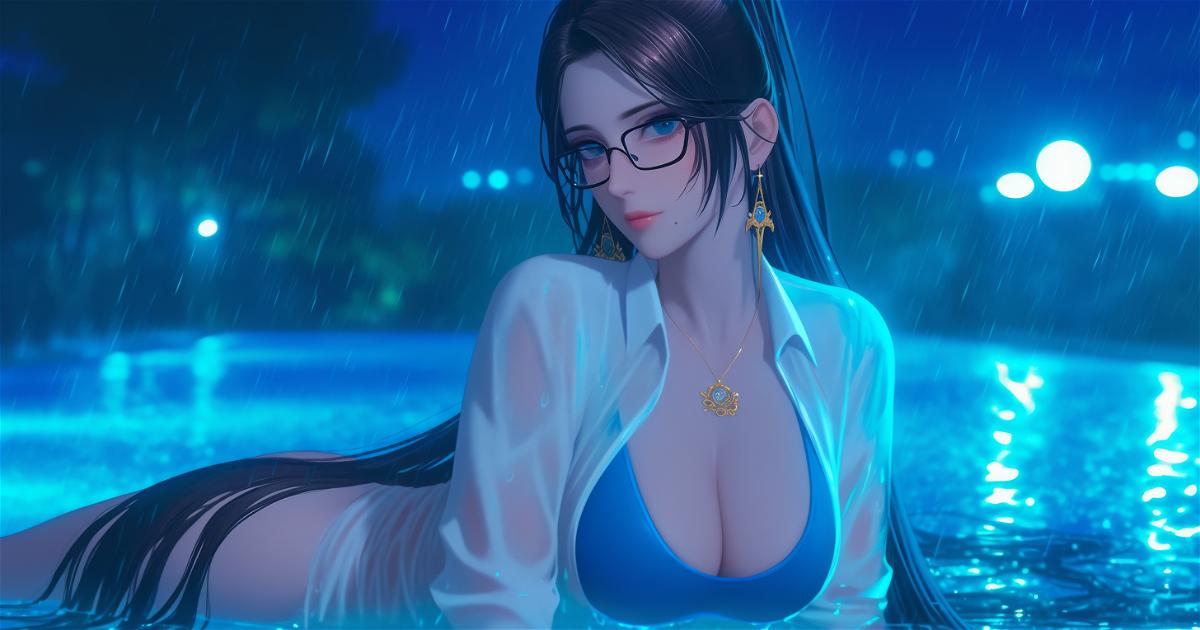 4k HD Wallpaper: Bayonetta at Rainy Pool by Moonlight