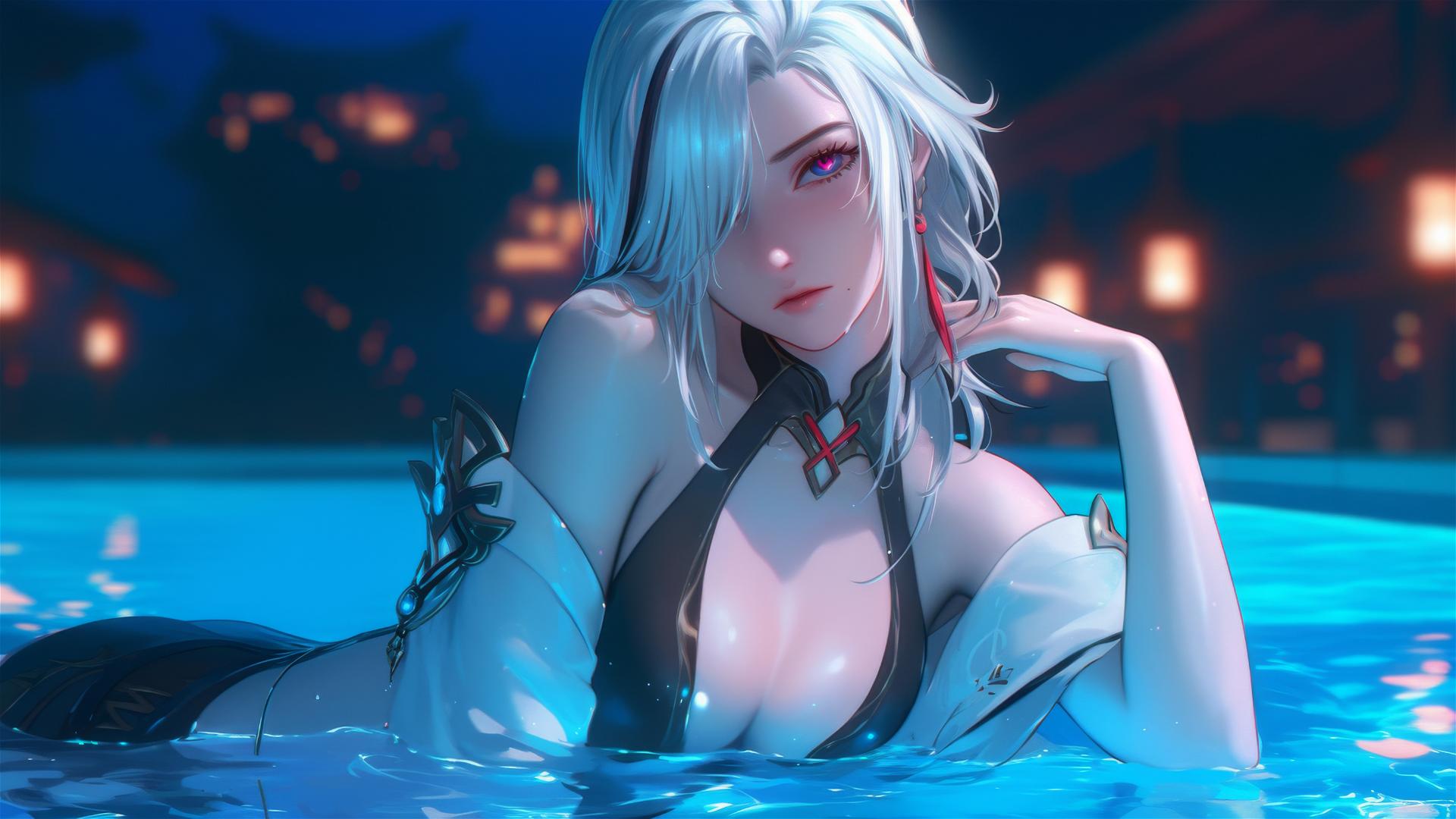 4k HD Wallpaper: Arlecchino from Genshin Impact by Moonlit Pool