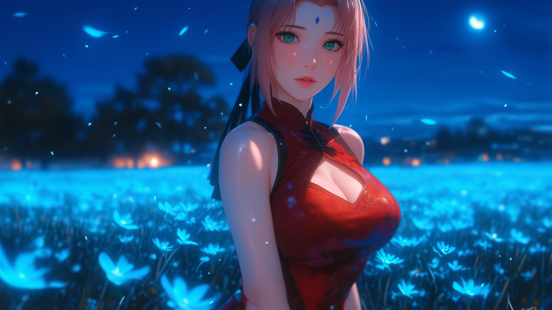 4k HD Wallpaper: Sakura Haruno in a Dreamy Star-Lit Field