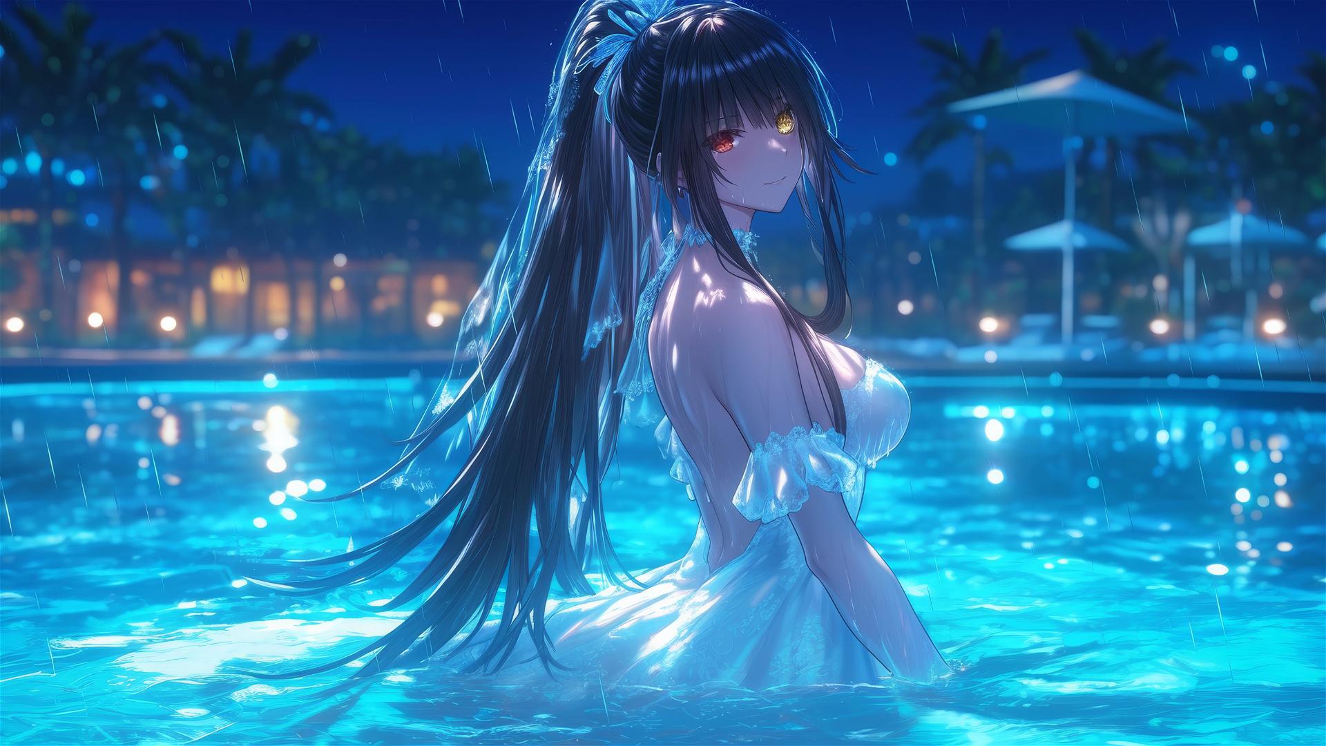 4k HD Wallpaper: Kurumi Tokisaki in Moonlit Rainy Pool