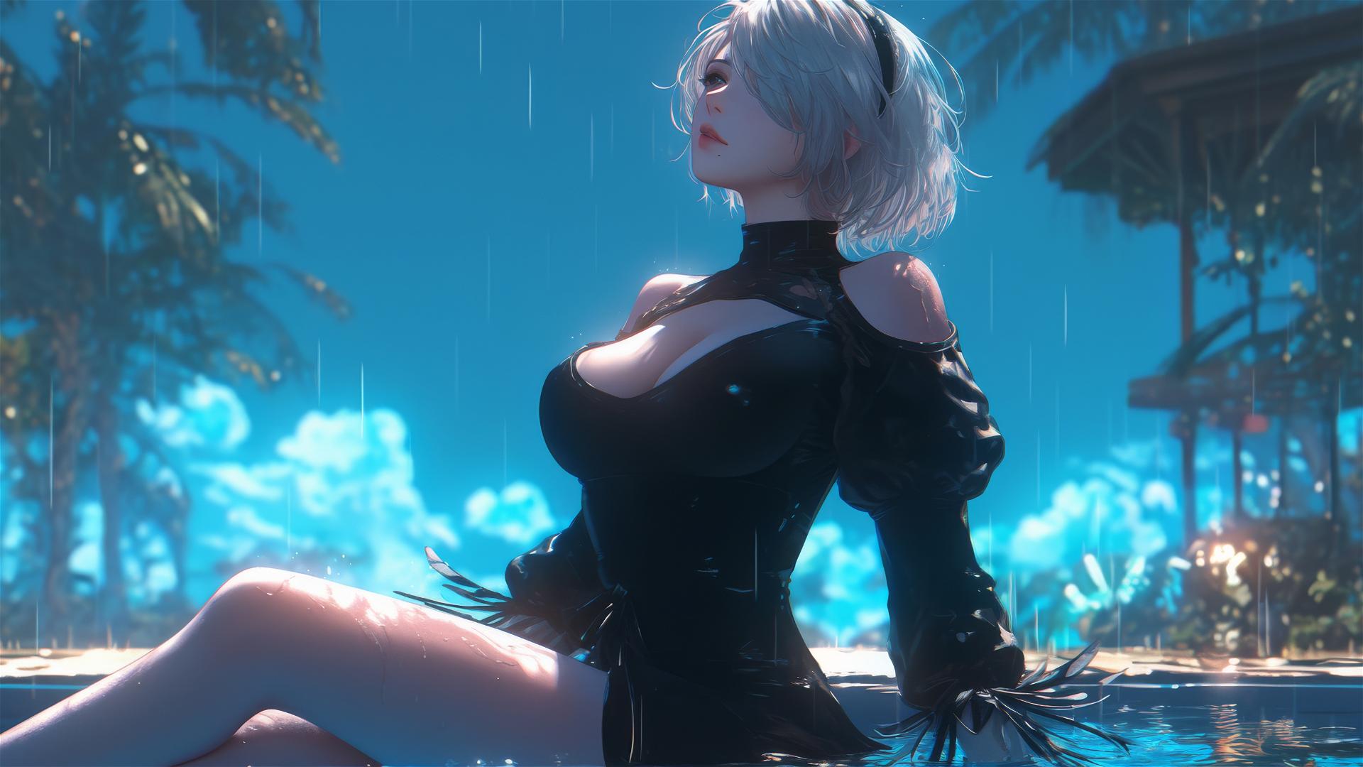 4k HD Wallpaper: 2B Resting by a Moonlit Pool