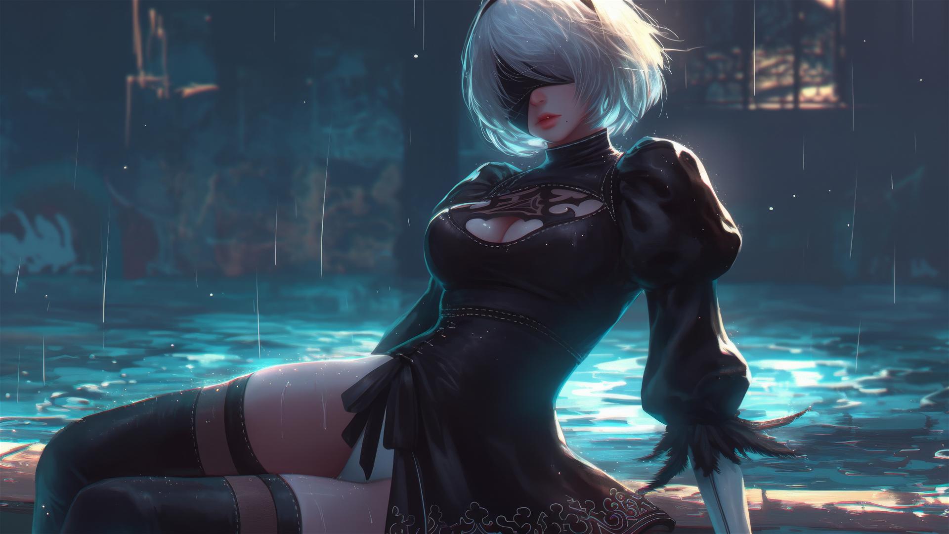 4k HD Wallpaper: 2B from Nier by Rainy Pool in Moonlight