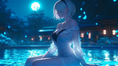 4k HD Wallpaper: 2B in Moonlit Rainy Poolside