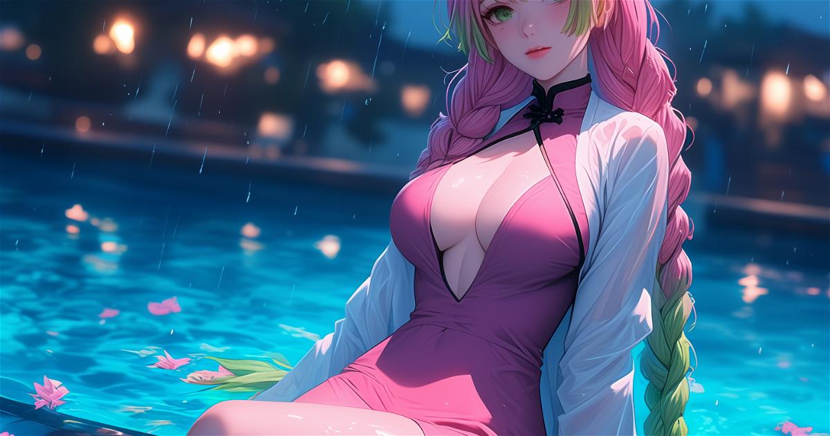 4k HD Wallpaper: Mitsuri Kanroji in Moonlit Rainy Pool