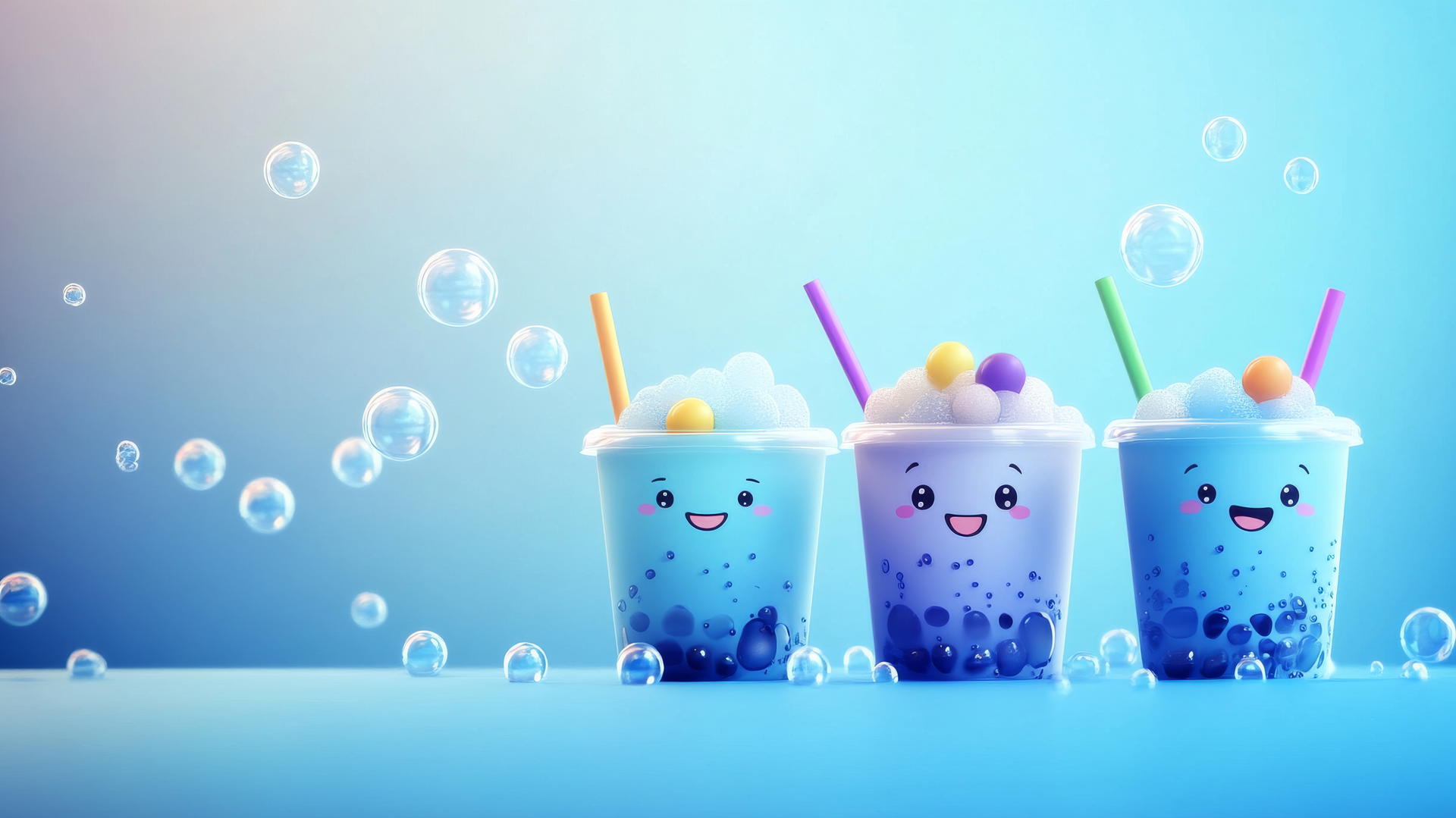 4k HD Wallpaper: Cute Blue Wallpaper with Bubble Tea Cups