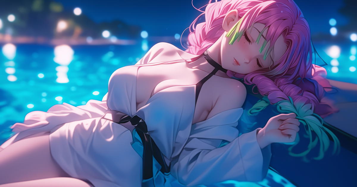 4k HD Wallpaper: Mitsuri Kanroji by Rainy Pool in Moonlight