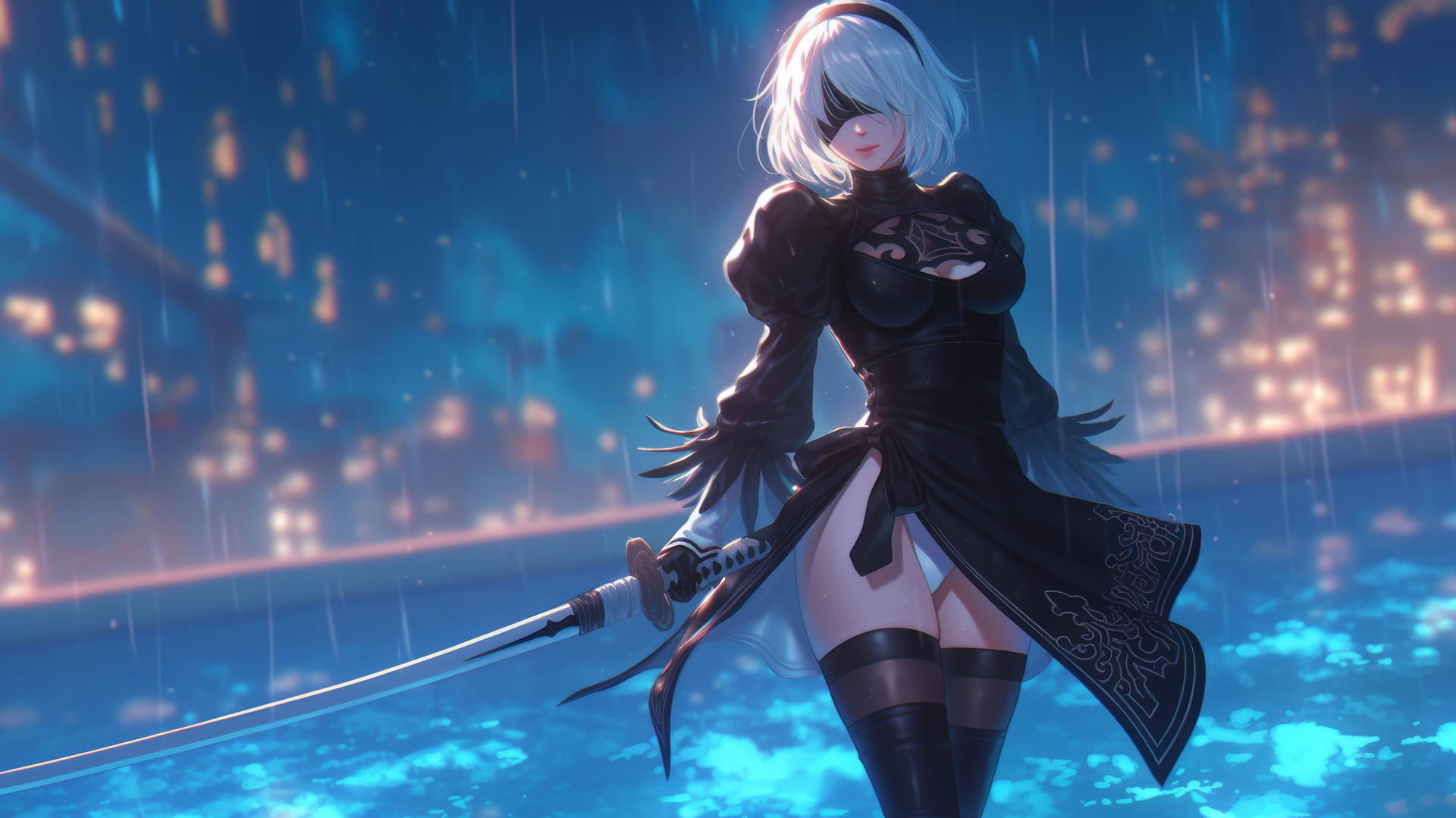 4k HD Wallpaper: 2B by Rainy Pool in Moonlight