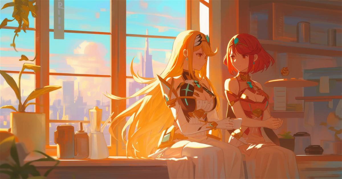 4k HD Wallpaper: Pyra and Mythra Enjoying Sunrise Coffee