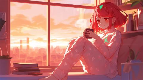 4k HD Wallpaper: Pyra in Silk Pajamas Enjoying Morning Coffee
