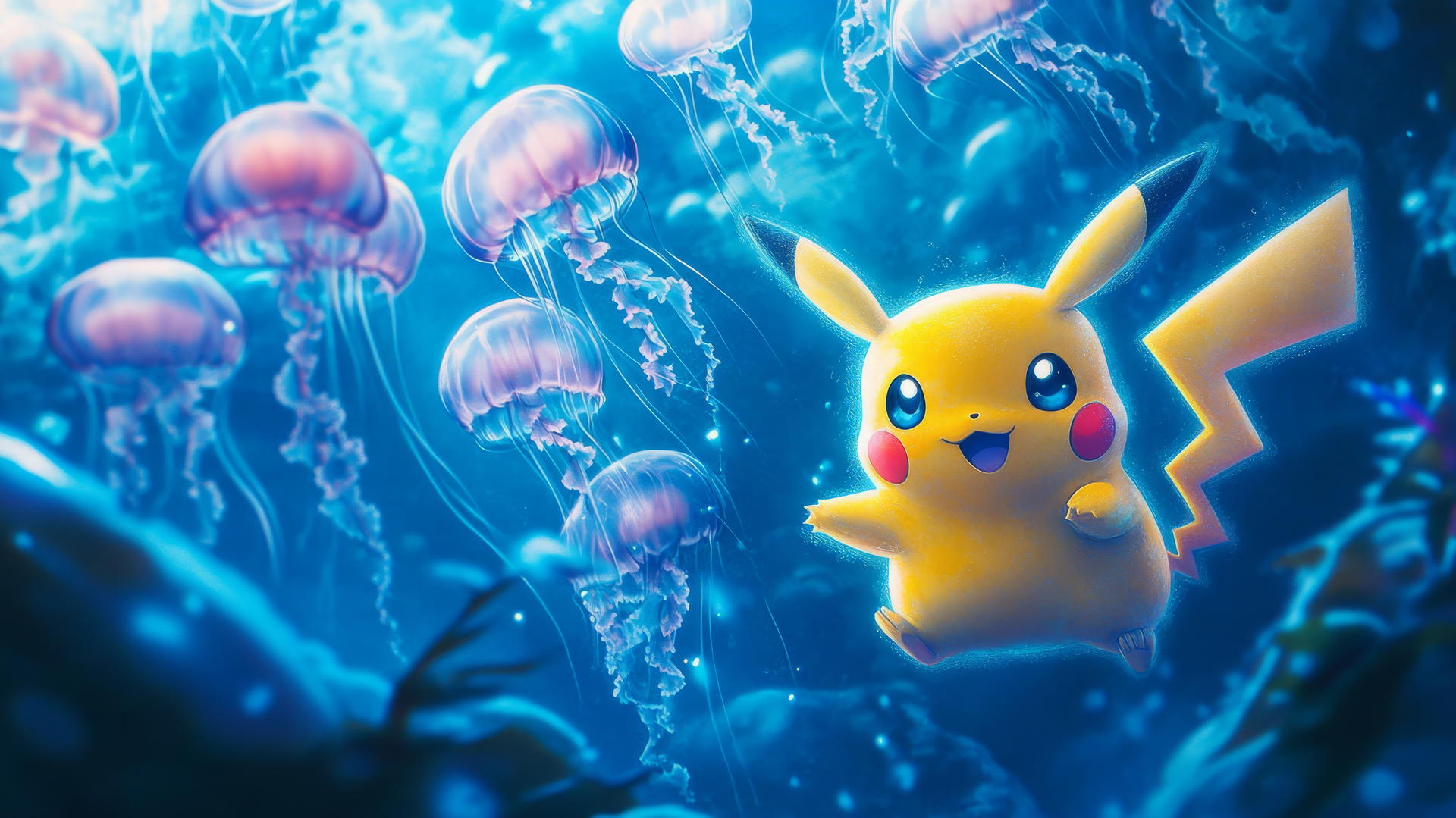 4k HD Wallpaper: Pikachu with Floating Jellyfish Underwater