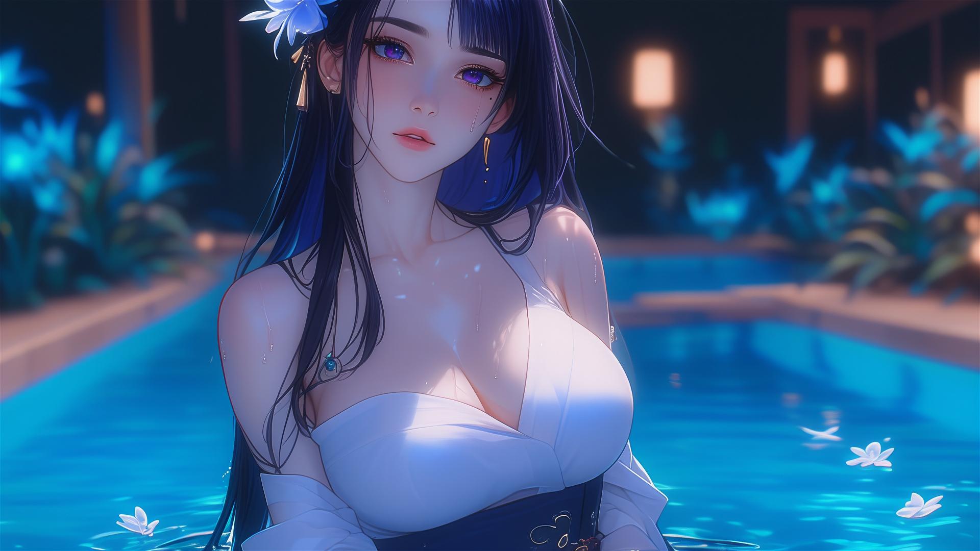 4k HD Wallpaper: Raiden Shogun in Floral Spa Setting